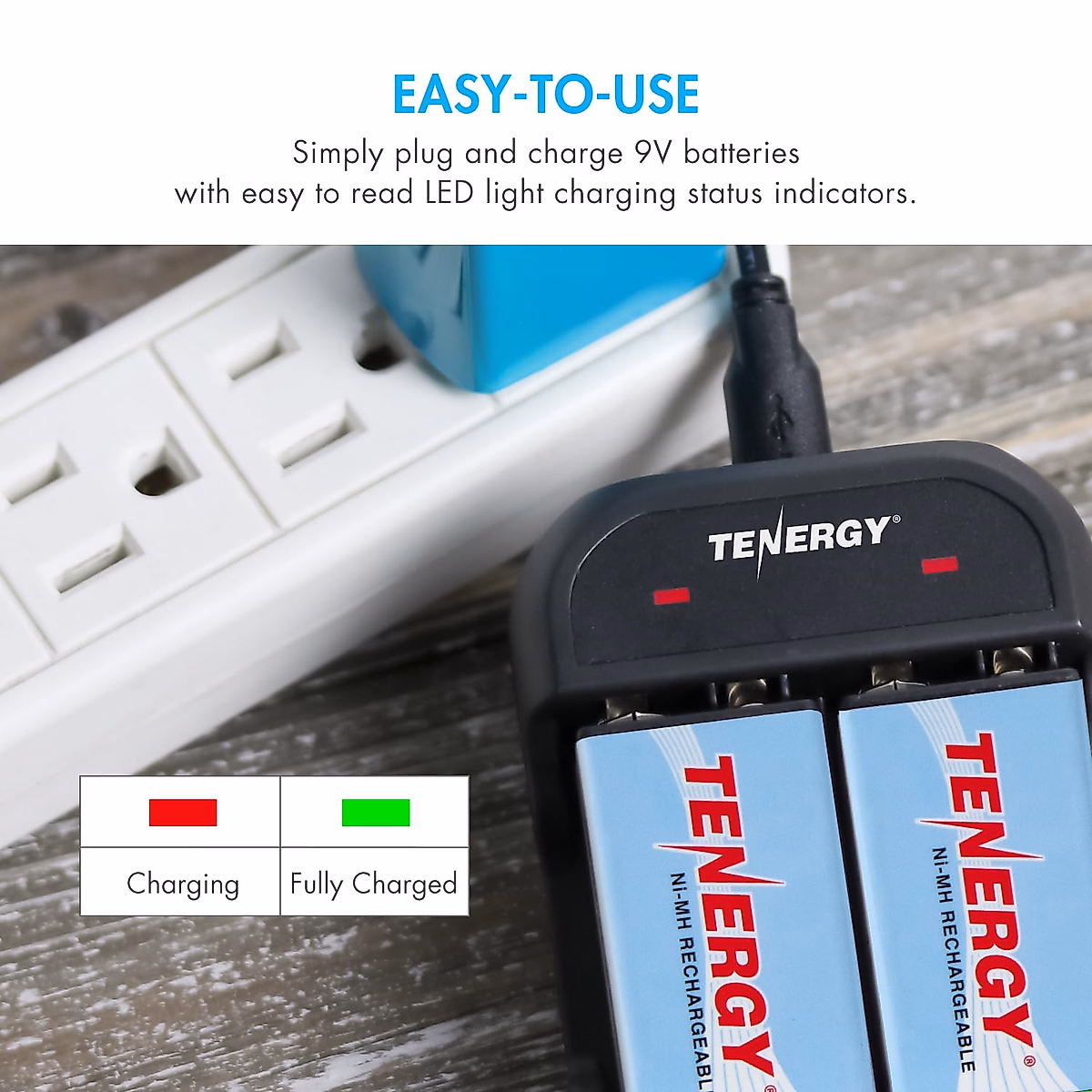 Tenergy 9V Battery Rechargeable 250mAh 4 Pack NiMH Square Battery with 2 Bay 9V Battery Charger for Smoke Alarm/Detector
