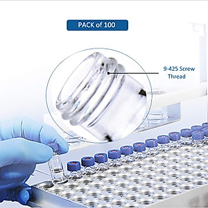 ALWSCI 2 ml 9 mm HPLC Vial, Amber Autosampler Vial, BorosiliGlass Sample Vial with Graduation, 9-425 Type Screw Threaded Vial, Blue Screw Cap with Hole, White PTFE&Red Silicone Septa, 100 of Pack