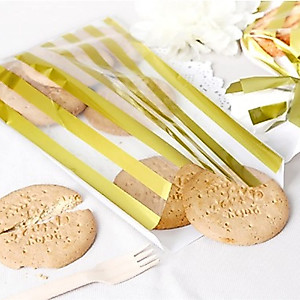 HOPEMT (200 pcs)100 pcs Gold Stripes Translucent Plastic Bags/Cellophane Bags with 100 pcs Gold Twist Ties for Cookie,Cake,Chocolate,Candy,Snack Wrapping Good for Bakery Party