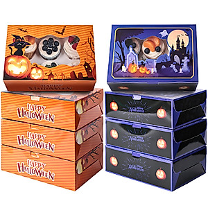 JOHOUSE 6 Count Halloween Cupcake Boxes, 8 Sets Bakery Boxes with Window Halloween Treat Boxes Cupcake Carrier for Birthday Holiday Bakery Supplies Halloween Party Decorations 9.5"x6.3"x3"