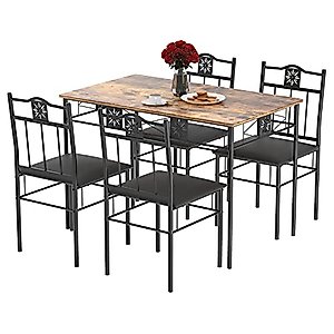 VECELO Kitchen Dinning Table for 4,Wooden Table and Cushion Chairs, 5-Piece Dinette Sets, Space Saving, Retro-Brown