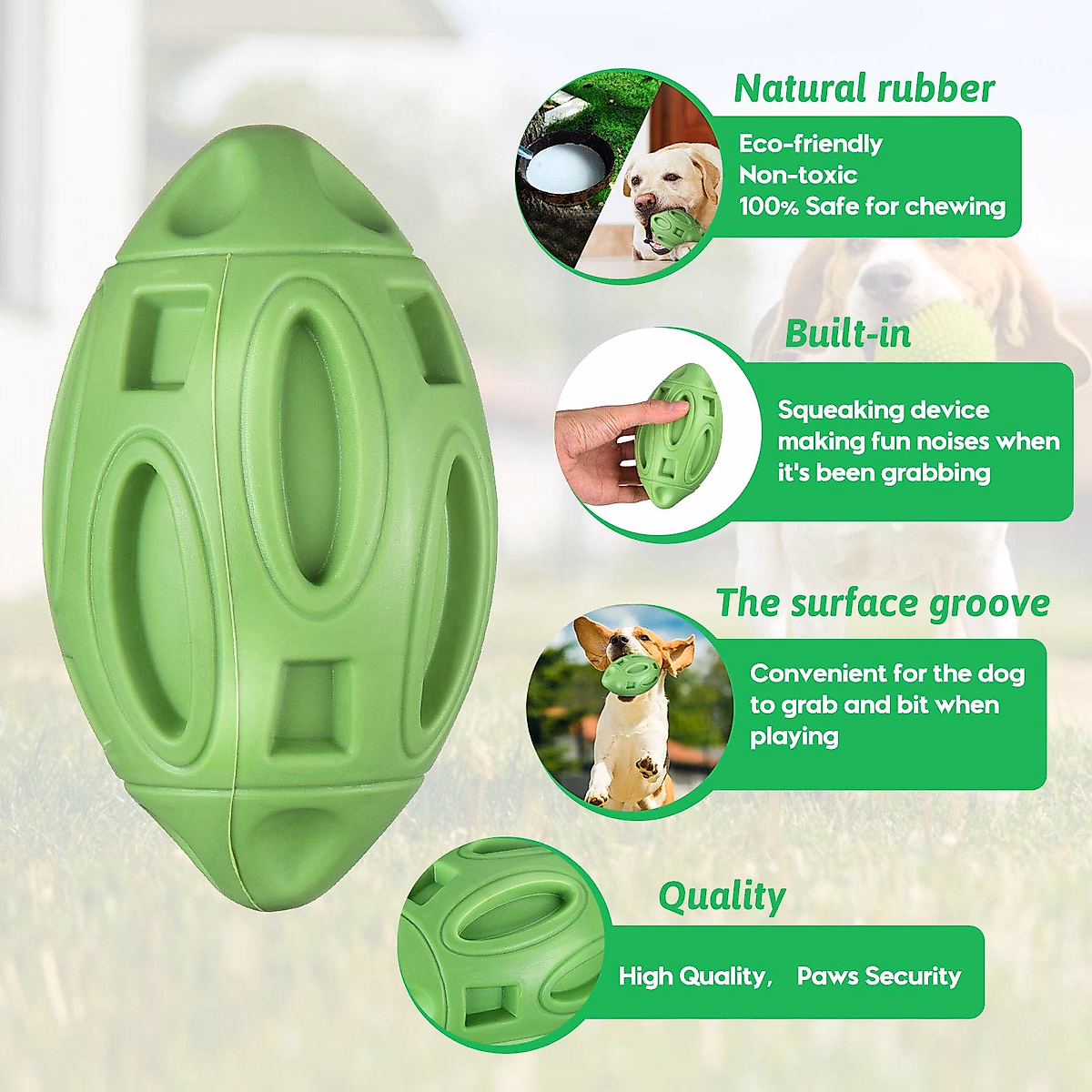 ZHAN Multifunctional Durable Natural Rubber Dog Training Ball Toy Squeaky Chew Interactive Teeth Cleaning Rugby Toy Pet Exercise Game Ball for Medium and Large Dogs (Green)