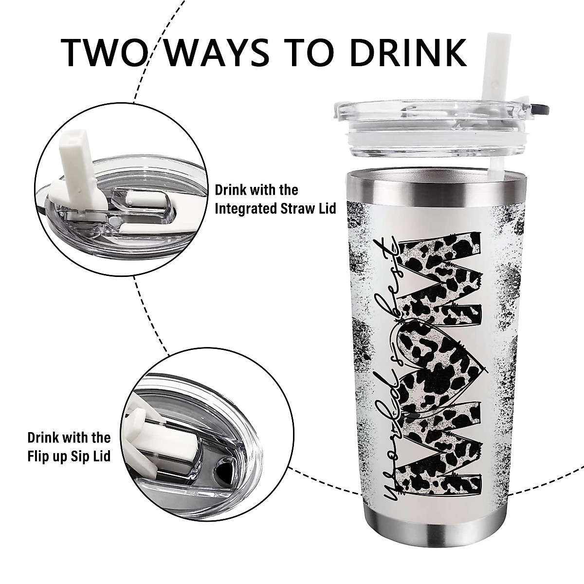 Paayna Best Mom Insulated Vacuum Tumbler with Lid, Mother's Day Birthday Gifts for Mom Women Grandma, Cow Print Stainless Steel Double Wall Cup, 20 oz Travel Detachable Straw Mug