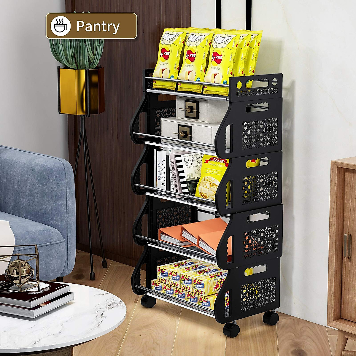 Baboies 5 Tier Fruit Vegetable Basket, Stackable Storage Cart with Wheels, Utility Rolling Stand Rack for Kitchen, Pantry, Garage, Produce, Onion, Potato