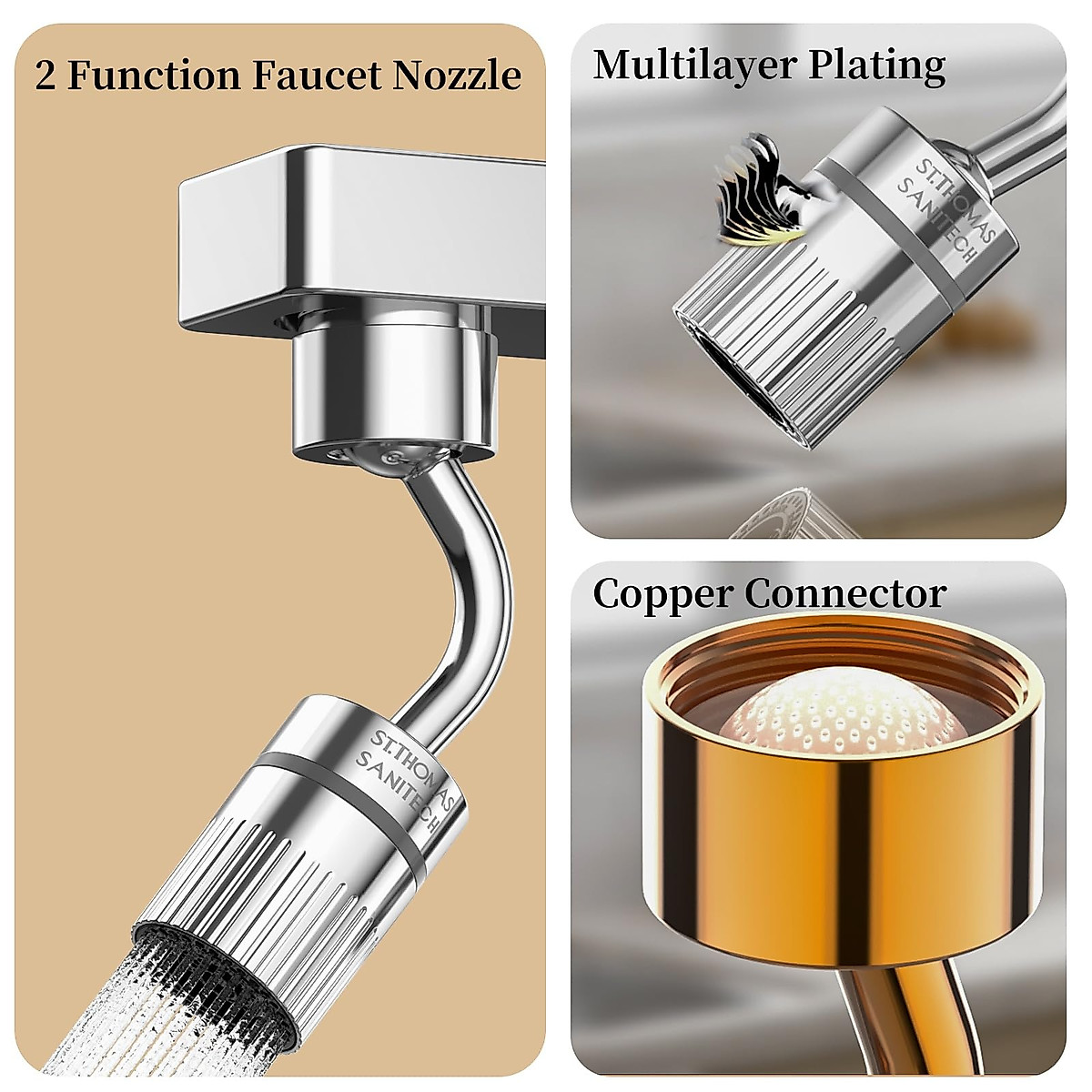 ST.THOMAS Swivel Faucet Aerator,2-function Faucet Nozzle,360° Big Angle Rotate kitchen faucet head replacement,Faucet Extender for Kitchen 55/64 inch Female Thread,Kitchen Sink Aerator