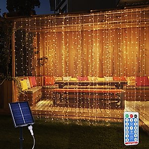 XINXIANLIAN 300LED Solar Curtain Lights Outdoor Indoor 8 Modes Solar Fairy Curtain String Lights Waterproof Twinkle Lights for Home Garden Patio Gazebo(Warm White)