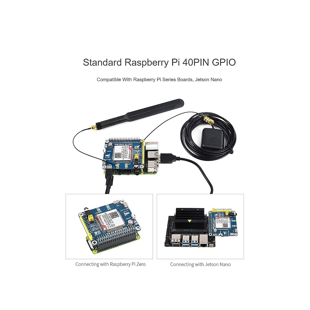 4G / 3G / GNSS HAT Module for Raspberry Pi Zero/Zero W/Zero WH/2B/3B/3B+/4B/Jetson Nano, Based on SIM7600A-H , 4G Communication and GNSS Positioning Module Support LTE CAT4 up to 150Mbps