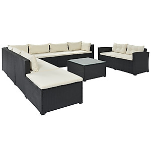 Quarte 9-Piece Outdoor Patio Furniture Large Sofa Set with Cushion and Glass Table, PE Wicker Rattan Garden Sectional Conversation Sofa Set for Backyard/Porch/Poolside (Beige+9)