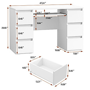 Furniwood Computer Desk with 6 Drawers,Home Office Desks with Storage,47 Inch Writing Wood Desk with Drawers PC Laptop Vanity Makeup Desk,Work Study Table Desk for Bedroom Office,White