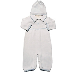 Boy's White Cotton Knit Christening Baptism Longall w/Blue Cross and Hat 3 Mo