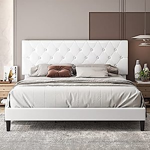 TTVIEW Upholstered Queen Bed Frame with Button Tufted Headboard, Modern Faux Leather Platform Bed with Wooden Slat Support, No Box Spring Needed, Sturdy and Noise-Free, Easy Assembly, White