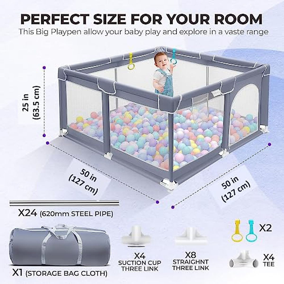 KAIZAAN Baby Playpen, Large Baby Play Yards Featuring Mesh Panels and Baby Gate Playpen, Playpen for Babies and Toddlers, Keep Your Little one Safe & Happy with Our Foldable PlayPin(Gray,50”×50”)