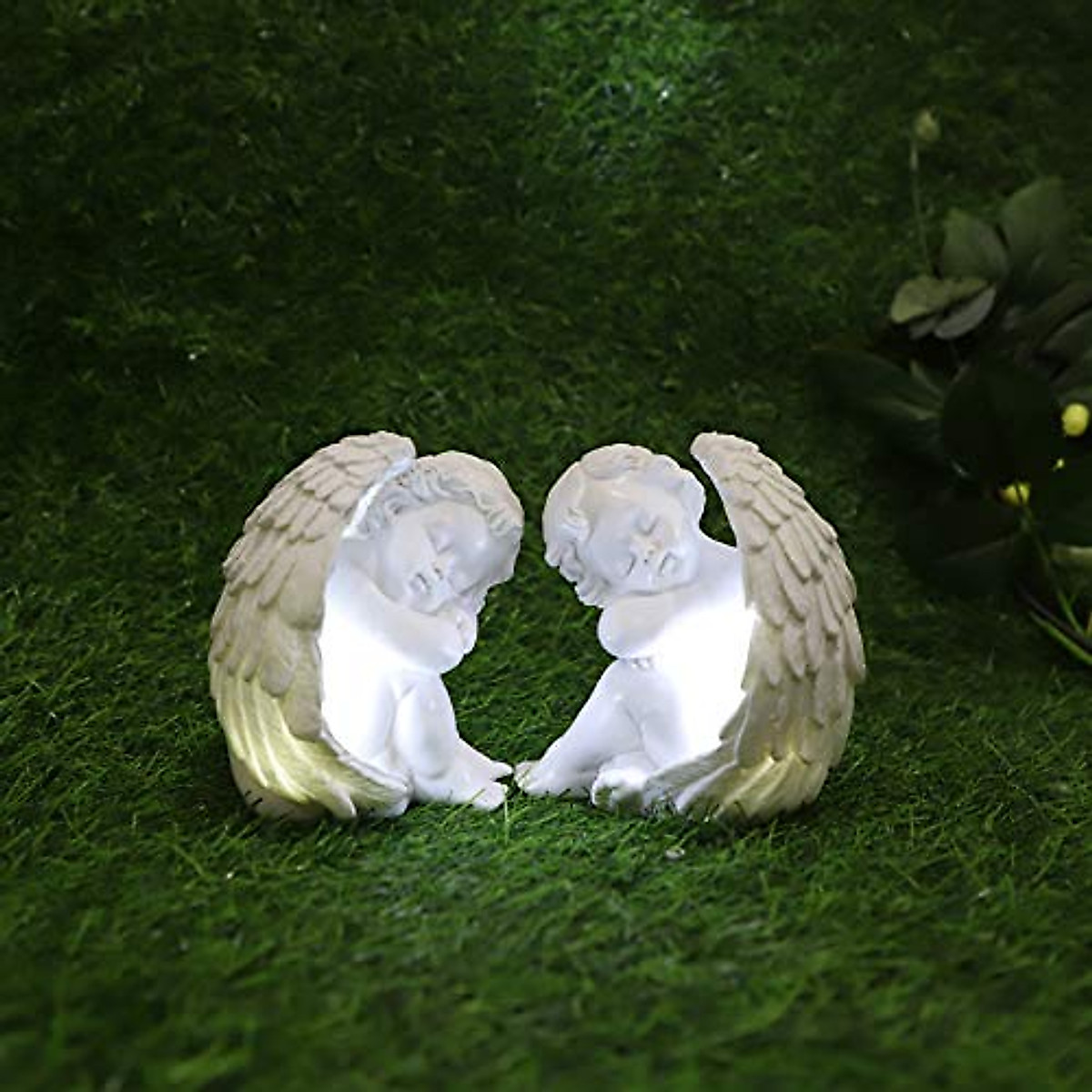 JUNIQUTE Sleepy Time Little Angel with Light Cupid Garden Statue Home Decor Cherub Statue Baby Sculpture Figurine Set of 2