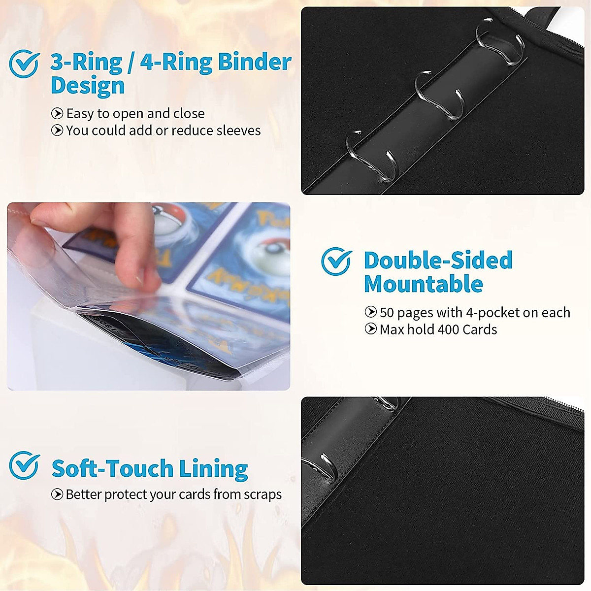 Card Binder 400 Cards Capacity with 50 Removable Sleeves, Collector Trading Card Binder 4-Pocket Storage Holder Album Book Portable Carrying Case for TCG