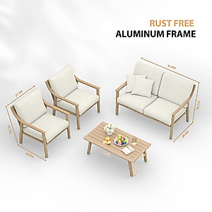 HAPPATIO 4-Piece Patio Furniture Set - Outdoor Aluminum Patio Conversation Set Includes 1 Loveseat, 2 Armchairs, and 1 Coffee Table, Perfect for Porch, Deck, Garden, (Beige)