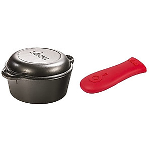 Lodge Cast Iron Serving Pot Cast Iron Double Dutch Oven, 5-Quart & Silicone Hot Handle Holder - Red Heat Protecting Silicone Handle for Cast Iron Skillets with Keyhole Handle