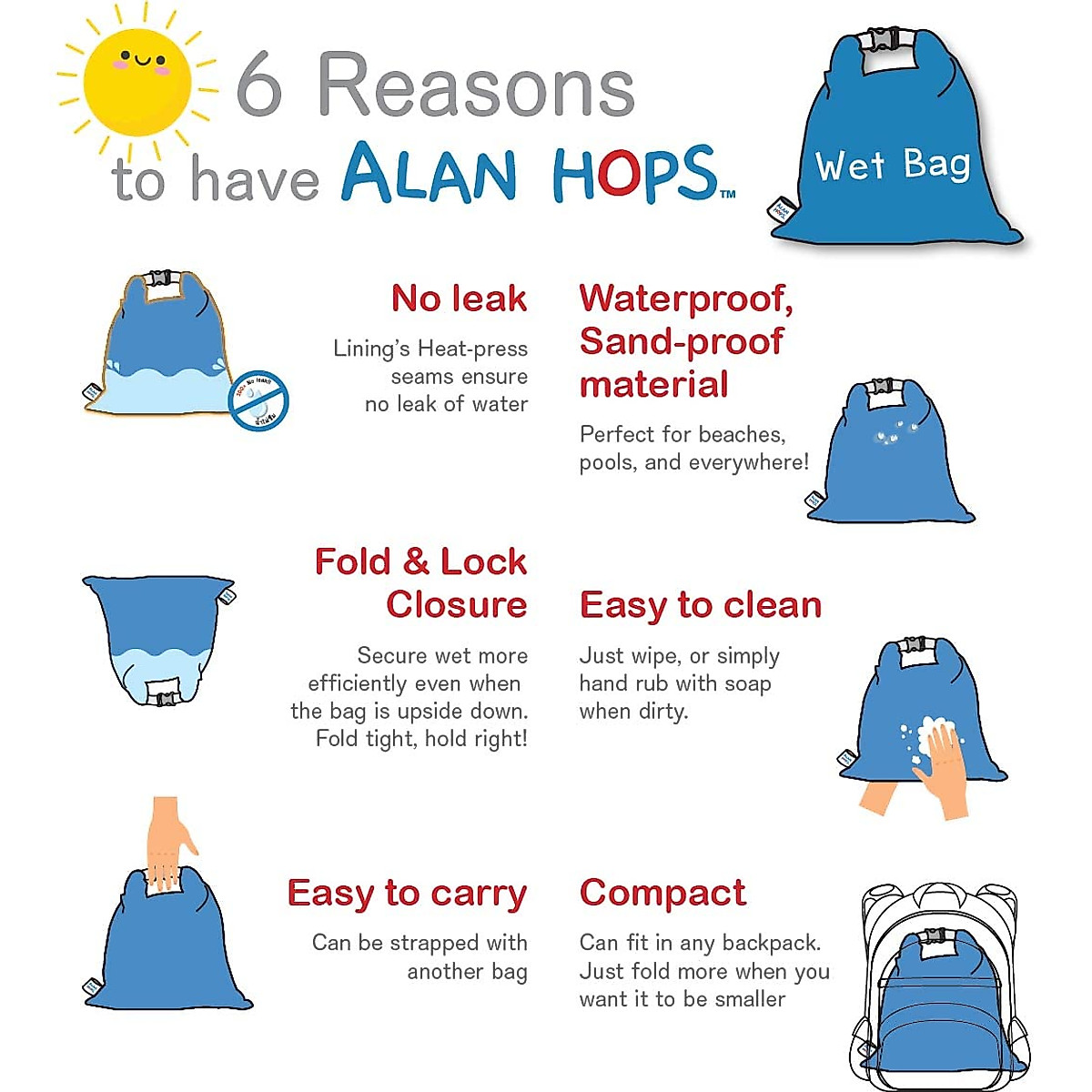 Alan Hops Wet Bag -Waterproof material, Reusable, for Diapers, Soiled/Wet Clothes, Swimsuits, Beach, Pool, Daycare, Gym, Yoga, 11.8 x 15.7 inch (Pink Tara)