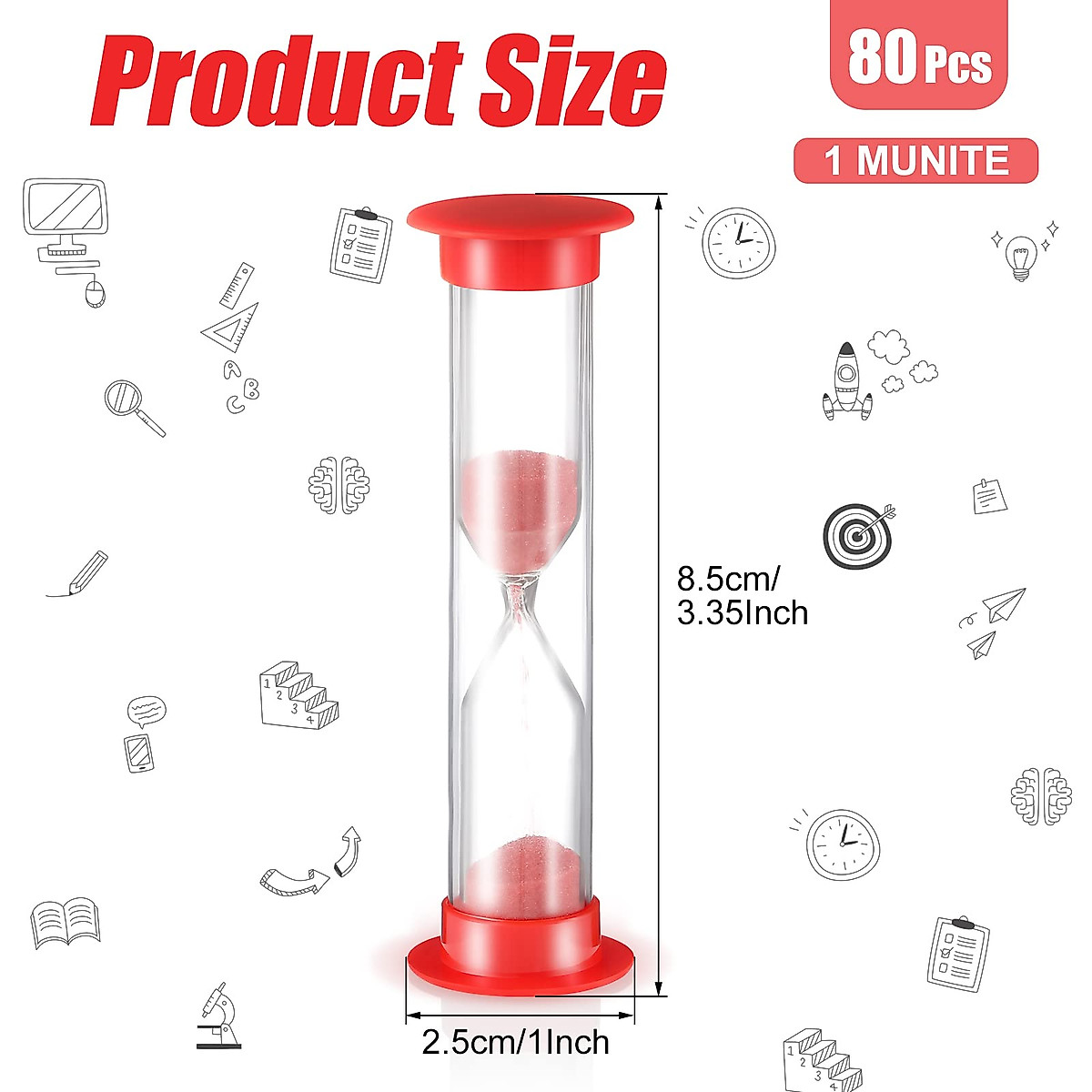 Set of 80 1 Minute Sand Timer Small Hourglass for Classroom One Minute Sandglass Clock Red Acrylic Hourglass Game Timer for Kids Preschool Teacher Supplies, 3.35 x 0.98 x 0.98 Inches