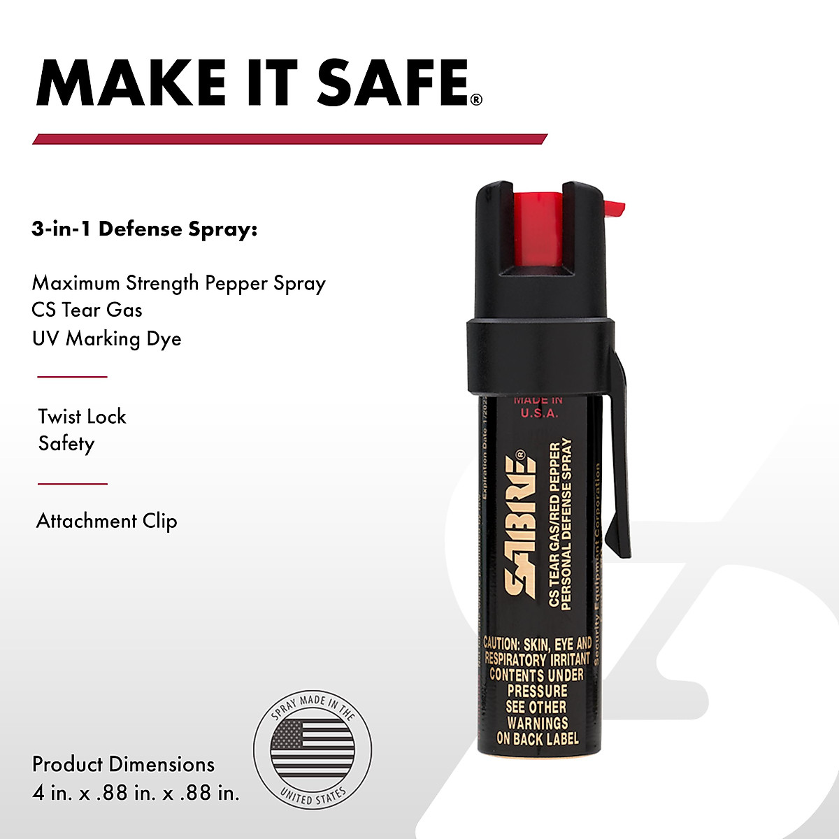 SABRE Advanced Pepper Spray, 3-in-1 Formula Contains Maximum Strength Pepper Spray, CS Military Tear Gas and UV Marking Dye, Compact Belt Clip for Easy Carry and Fast Access, 35 Bursts, 0.67 fl oz