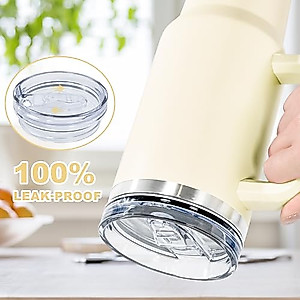 FECBK 40 oz Tumbler with Handle and Straw, 100% Leak-Proof Travel Mug, Stainless Steel Double Wall Vacuum Insulated Coffee Cup Keeps Cold For 34 Hours, Dishwasher Safe, Beige