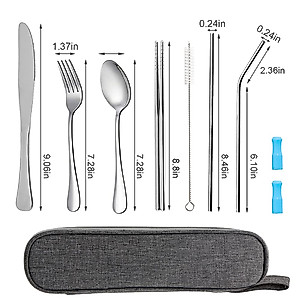 Travel Utensils Set with Case Reusable Portable Cutlery Set Stainless Steel 8pcs Including Dinner Knife Fork Spoon Chopsticks Straws(Silver)
