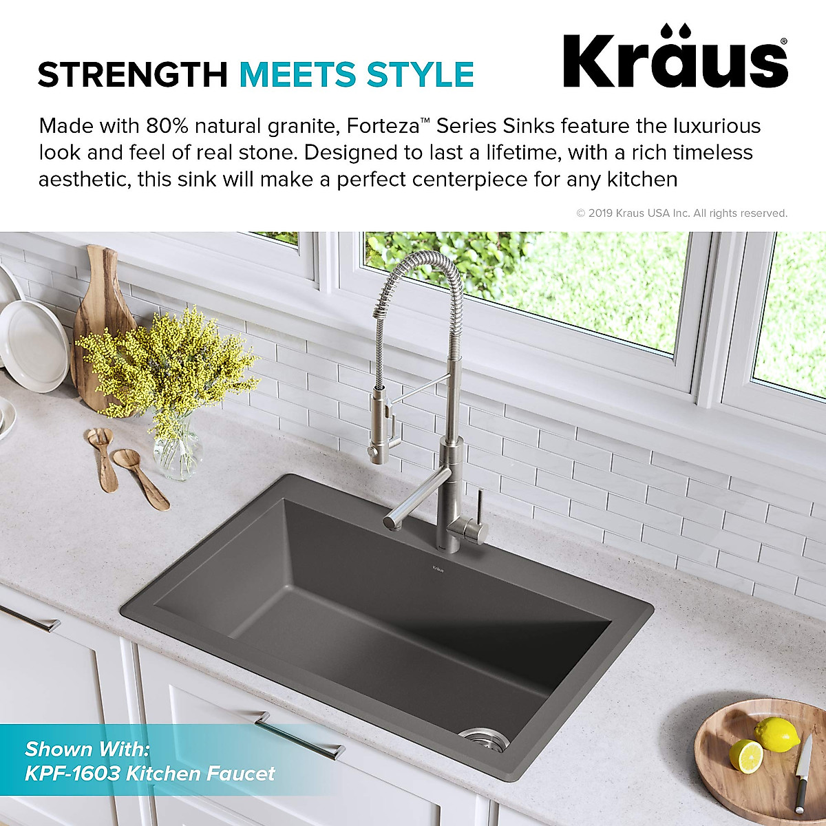 Kraus KGD-54GREY Forteza Granite Kitchen Sink, 33 Inch, Grey