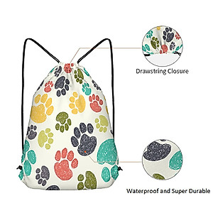 Beabes Paw Pattern Drawstring Bags Backpack Bag Cute Colorful Hand Drawn Doodle Prints Pet Puppy Footprint Drawing Sport Gym Sack Drawstring Bag String Bag Yoga Bag for Men Women