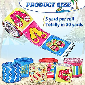 6 Rolls 30 Yards Summer Wired Ribbon Flip Flop Waves Polka Dot Stripe Fabric Decorative Ribbon Summer Themed Burlap Ribbons for Summer Wreath Bow DIY Craft