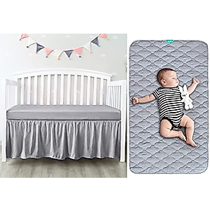 Waterproof Crib Mattress Protector Pad & Crib Skirt Grey Pleated Dust Ruffle