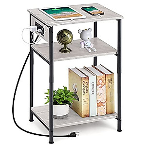 MOOACE Nightstand with Charging Station, Side End Table with USB Ports and Outlets, 3 Tier Side Table with Storage Shelf Modern Bedside Table for Bedroom Living Room, Grey