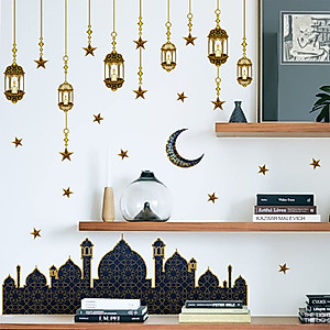 Ramadan Wall Decor Stickers, Islamic Muslim Wall Stickers Eid Mubarak Ramadan Decor Lantern Moon Star Window Decal Ramadan Decorations for Home Living Room Bedroom Decorations Wallpaper