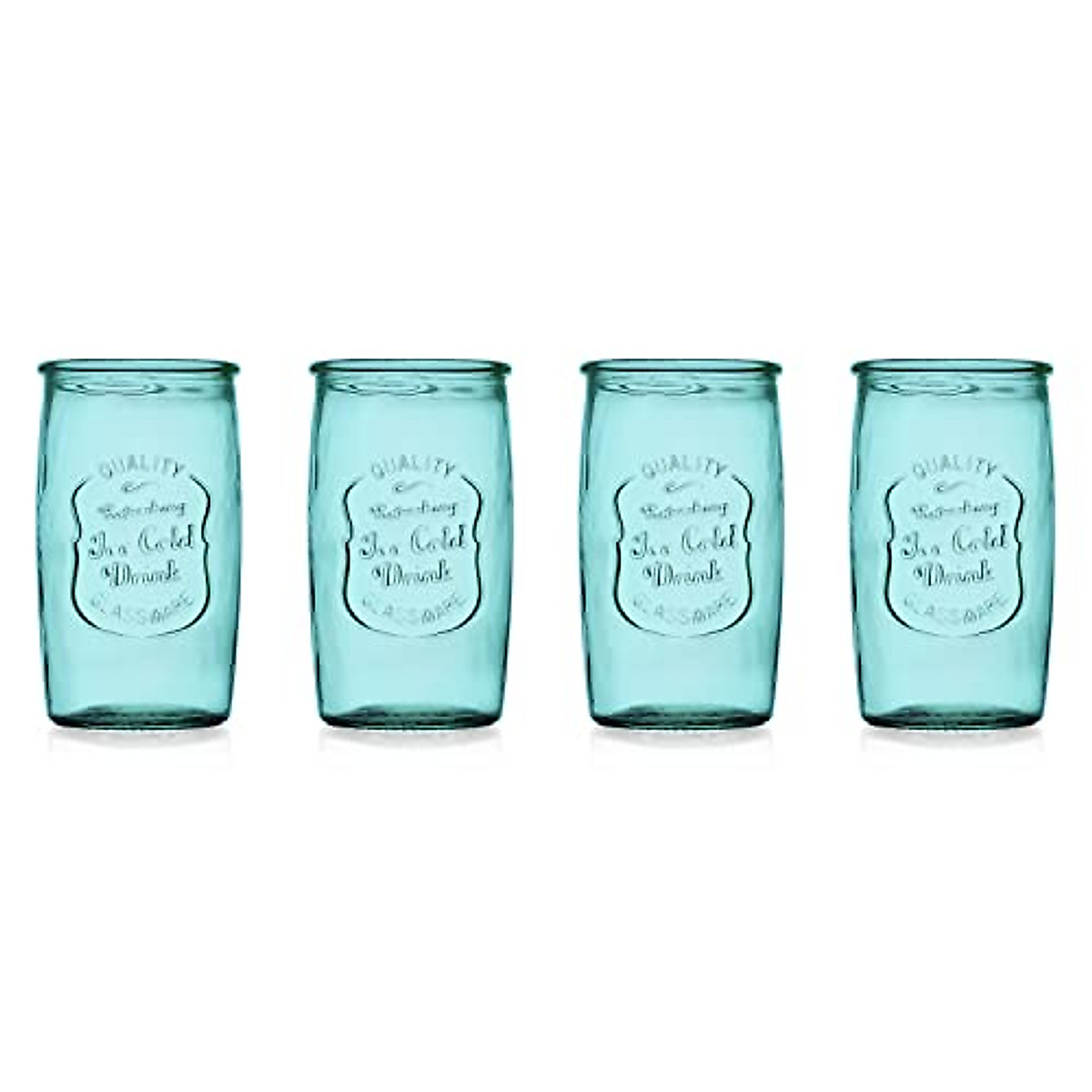 Glaver's Highball Glasses Set of 4 – 20oz Artistic Ice-Cold Pretty Blue Drinking Glasses – Vintage Glassware with Embossed Logo – Beverage Drinking Glasses for Water, Juice, Cocktails.