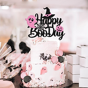 Happy Boo Day Cake Topper Pink and Black Halloween Cake Decoration Halloween Ghost Witches Bat Spider Pumpkin Theme for Kids Girl Birthday Baby Shower Party Supplies