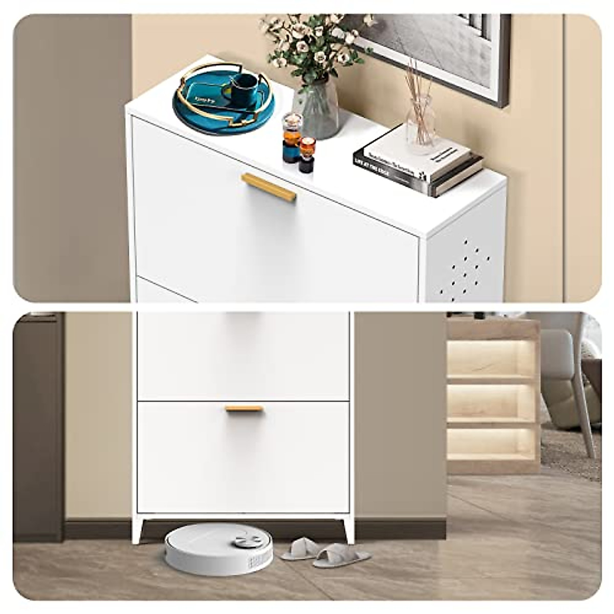 Omethey Shoe Cabinet with 3 Flip Drawers, Metal Shoe Storage for Entryway, Wall-Mounted/Floor Mount Shoe Cabinet, Metal Legs-Great for Sneakers, Heels, Boots and Plus Size Shoes (White)