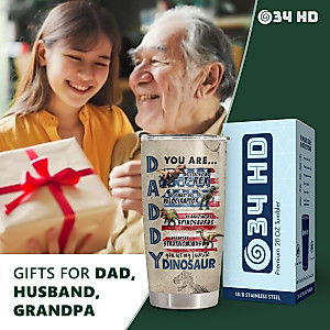 34HD Daddysaurus Tumbler with Lid, 20oz Stainless Steel Insulated Dinosaur Dad Mug, Funny Daddy Drinking Cup, Birthday Christmas Father Day Gifts for New Papa Bonus Dad Husband Grandpa