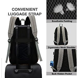 KOPHLY Travel Laptop Backpack with Leather Decoration, USB Charging Port, Classic Backpack for College, Work Bag, Travel Backpacks(18 Inches/Light Grey)