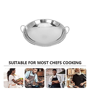 YARDWE Spanish Paella Pan Stainless Steel Everyday Pan with Double Ear Metal Frying Pan Korean Food Ramen Noodle Pot Non Stick Skillet Kitchen Stockpot Peking Wok Kitchen Gadgets 26. 5cm Wok Pan