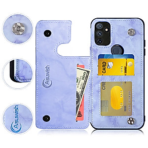 Asuwish Phone Case for OnePlus Nord N100 with Tempered Glass Screen Protector and Flip Marble Wallet Cover Card Holder Stand Accessories One Plus N 100 4G 1 Plus 1plus One+ 1+ 100N 5G Women Men Purple