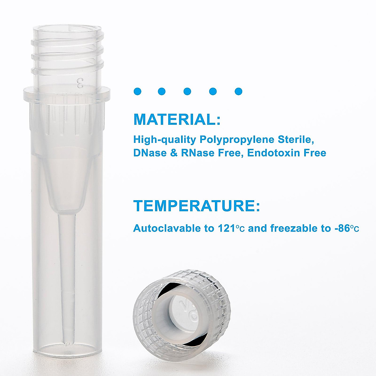 CryoKing Cryogenic Vials 0.5ml with O-Ring Caps Cryotubes for Low Temperature Sample Storage Clear Sterile Vials, Bag of 50