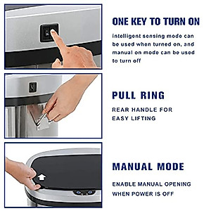 13 Gallon Stainless Steel Kitchen Trash Can with lid, Automatic Motion Sensor Garbage Trash Bin w/Toch-Free & Anti-Fingerprint Mute, for Home Office Bedroom, Powered by 4C Batteries (not Included)