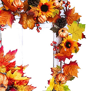 Winlyn Fake Fall Maple Leaf Garland Hanging Vine- 6 Feet - Artificial Berries Sunflower Pumpkin Autumn Decoration for Wedding Party Thanksgiving Dinner Fireplace Door Frame Doorway Backdrop Decor
