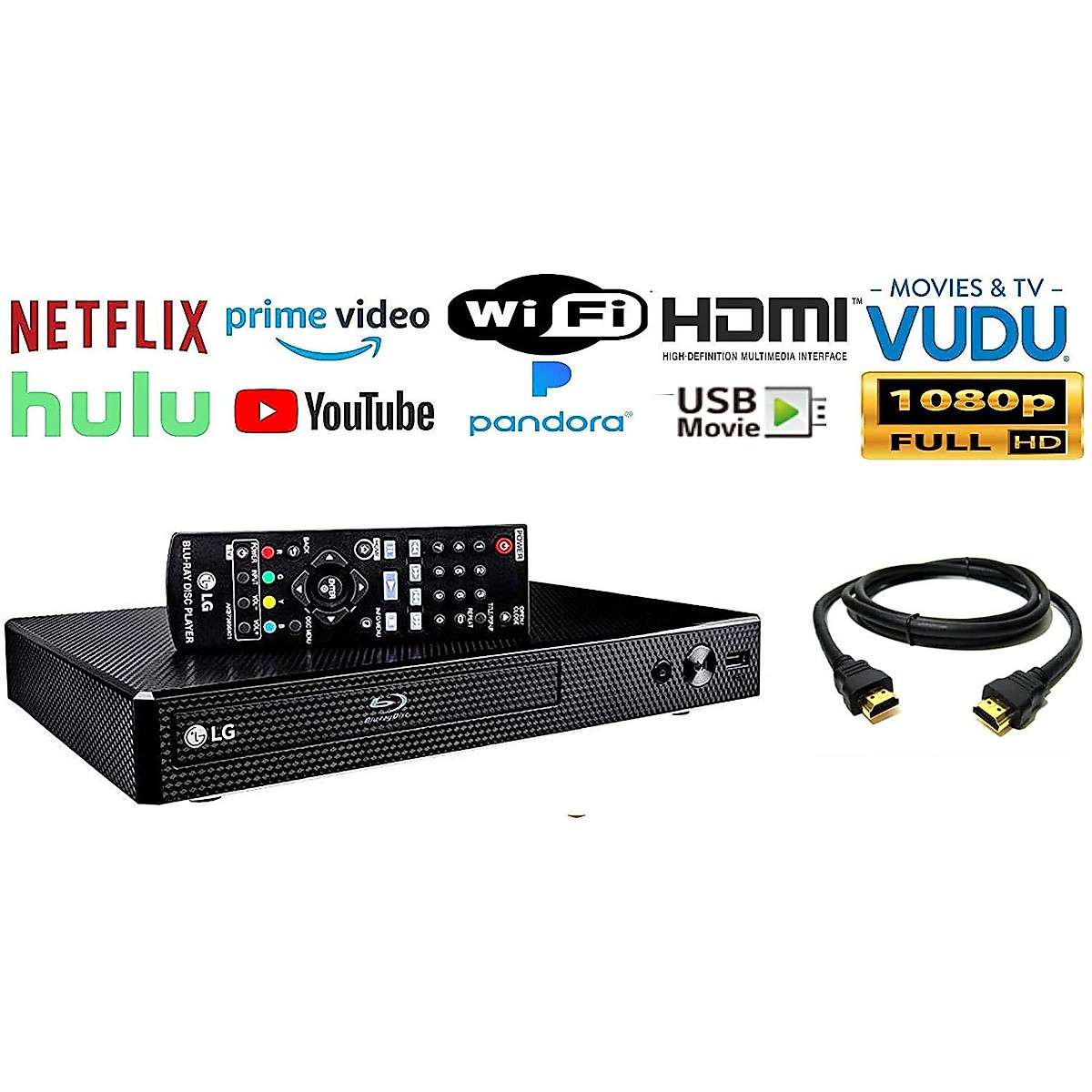 LG BP350 Blu-ray Disc & DVD Player Full HD 1080p Upscaling with Streaming Services, Built-in Wi-Fi, Smart HI-FI-Compatible, Bundle with Interconnect Products High Speed HDMI Cable Included