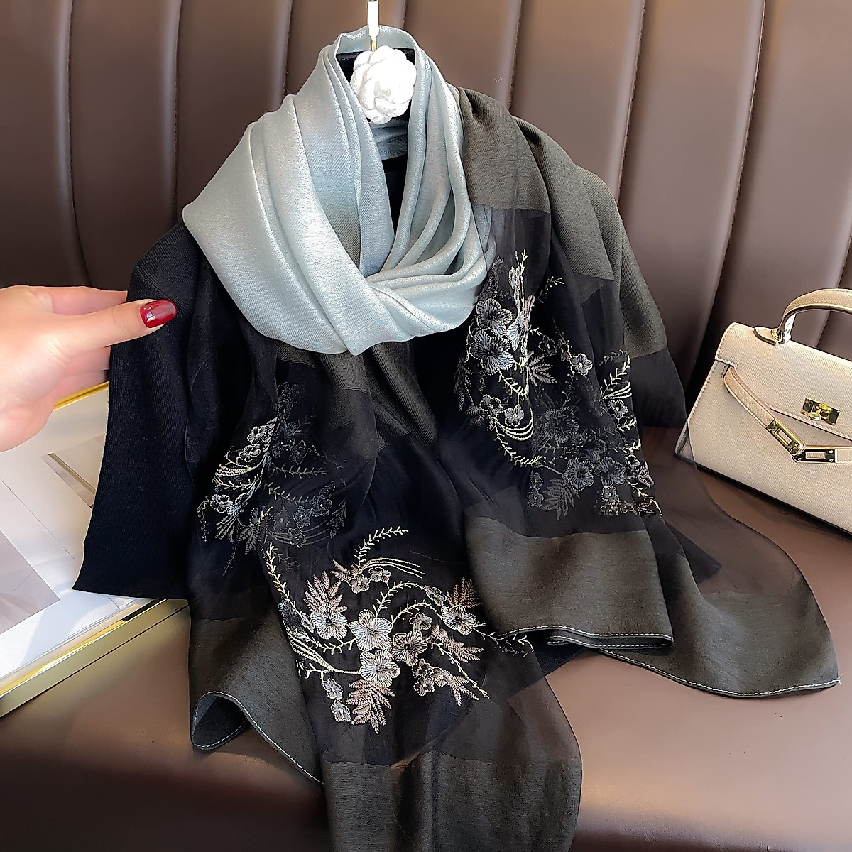 WINCESS.YU Silk Scarf for Women Lightweight Shawls and Wraps for Weddings Fashion Pashmina Shawl Embroidered Scarves (Black)