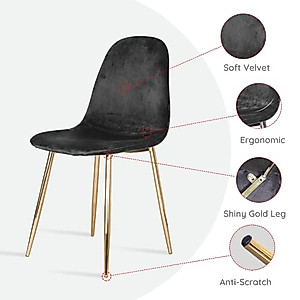 Pozbee Black Dining Chairs Set of 4, Midcentury Modern Dining Room Chairs with Gold Chrome Legs, Velvet Seat 18", Elegant Kitchen Chairs (Black)