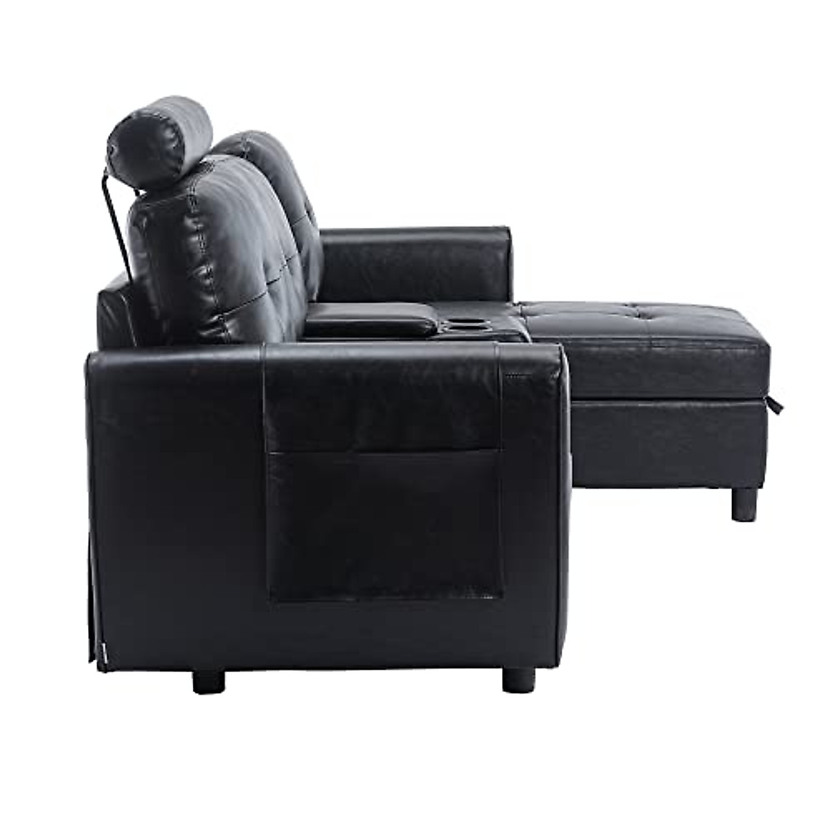 FANYE L-Shaped Corner Sectional Reversible Storage Chaise, Modern Convertible Sofa & Couch W/Headrest and Cupholders for Home Apartment Office Living Room, Black PU Leather