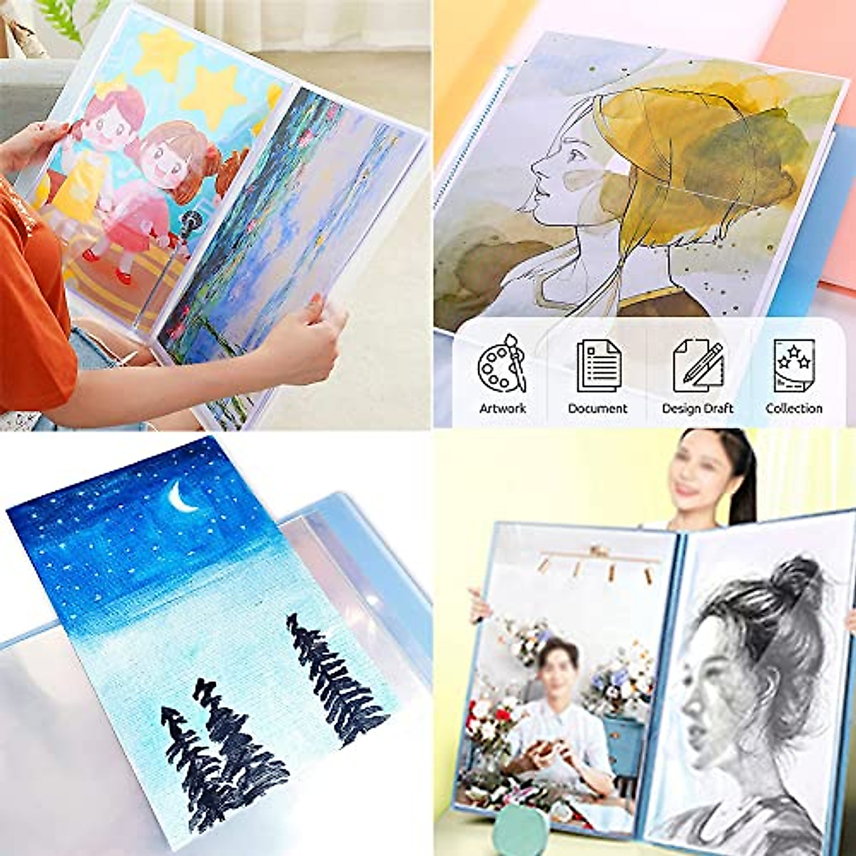 A3 40 Pags Diamond Painting Storage Book,Art Portfolio Painting Storage Book,Clear Pockets Art Plastic Sleeves Protectors,for 44X32.5X2cm Sketches Painting Presentation (White)