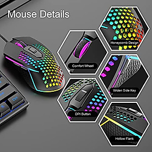 Gaming Keyboard and Mouse Combo Mini Portable with Chroma RGB Backlit Ergonomic 62Key Layout 19Key Anti-ghosting Mechanical Feel 3200DPI Honeycomb Mice USB Wired for PC Mac Gamer Laptop Typists(Black)
