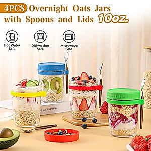 GKOKG 4pcs Overnight Oats Jars with Spoon and Lid (Red)