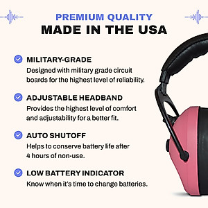 Pro Ears Gold II 26 Ear Muffs, NRR 26, Military Grade Electronic Hearing Protection with DLSC Compression, Gel Ear Seals & Auto Shut Off, Amplifies Sound 8x, Made in USA, Pink