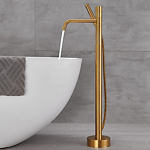 Qinkell Freestanding Bathtub Faucet Tub Filler Brushed Gold Floor Mount Brass Single Handle Bathroom Faucets with Hand Shower